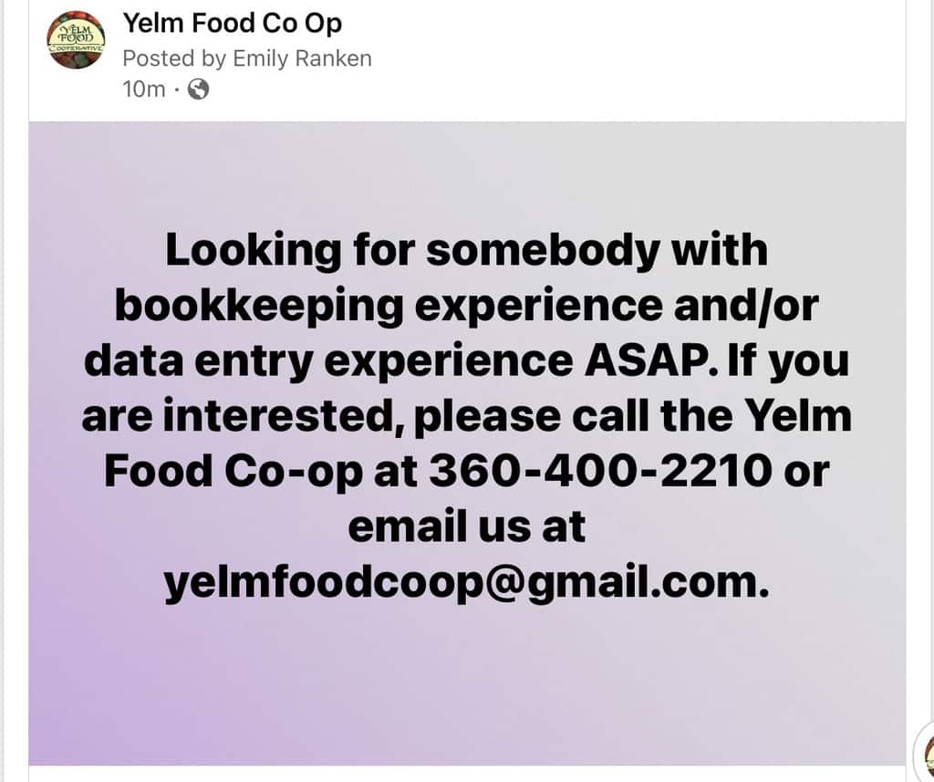 Bookkeeper/Data Entry - Yelm Food Coop
